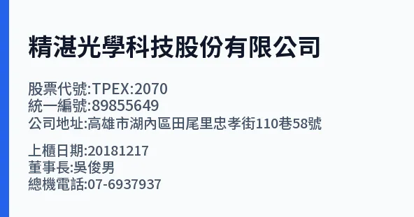 精湛光學科技股份有限公司 股票代號 TPEX:2070 統編 89855649 上櫃公司基本資料圖