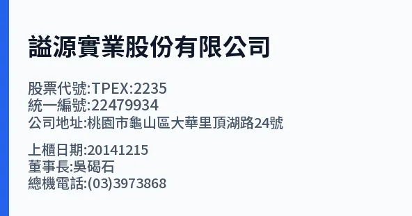 謚源實業股份有限公司 股票代號 TPEX:2235 統編 22479934 上櫃公司基本資料圖