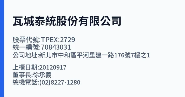 瓦城泰統股份有限公司 股票代號 TPEX:2729 統編 70843031 上櫃公司基本資料圖