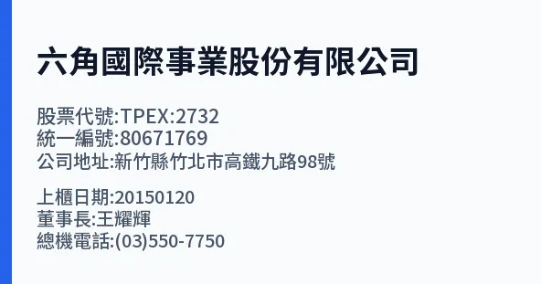 六角國際事業股份有限公司 股票代號 TPEX:2732 統編 80671769 上櫃公司基本資料圖