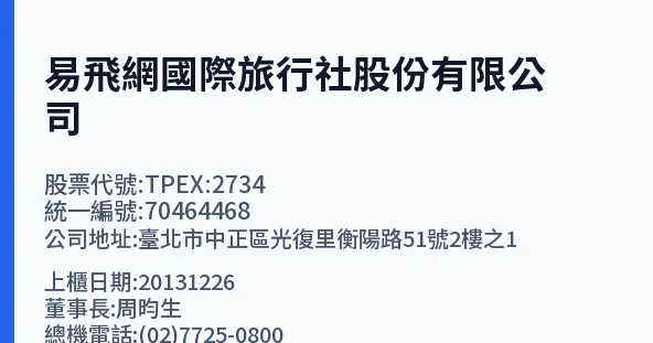 易飛網國際旅行社股份有限公司 股票代號 TPEX:2734 統編 70464468 上櫃公司基本資料圖