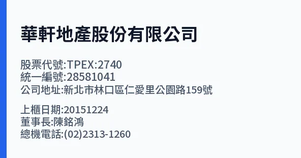 華軒地產股份有限公司 股票代號 TPEX:2740 統編 28581041 上櫃公司基本資料圖