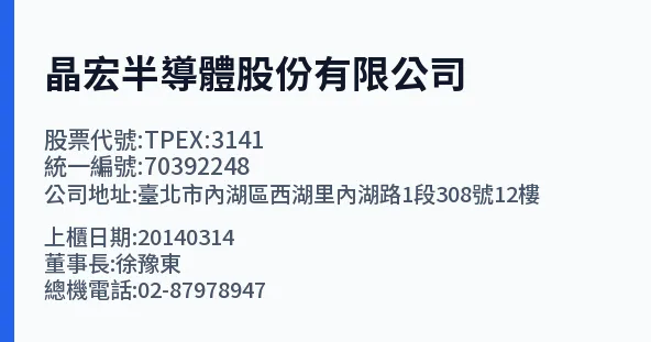 晶宏半導體股份有限公司 股票代號 TPEX:3141 統編 70392248 上櫃公司基本資料圖