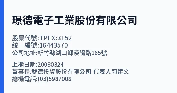 璟德電子工業股份有限公司 股票代號 TPEX:3152 統編 16443570 上櫃公司基本資料圖