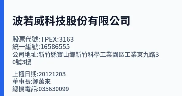 波若威科技股份有限公司 股票代號 TPEX:3163 統編 16586555 上櫃公司基本資料圖