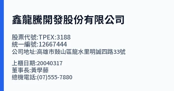 鑫龍騰開發股份有限公司 股票代號 TPEX:3188 統編 12667444 上櫃公司基本資料圖