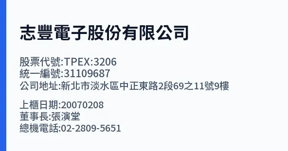 志豐電子股份有限公司 股票代號 TPEX:3206 統編 31109687 上櫃公司基本資料圖