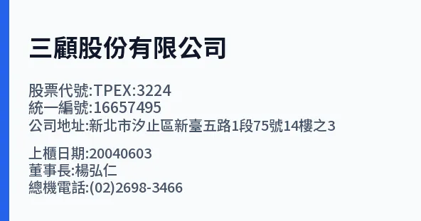 三顧股份有限公司 股票代號 TPEX:3224 統編 16657495 上櫃公司基本資料圖