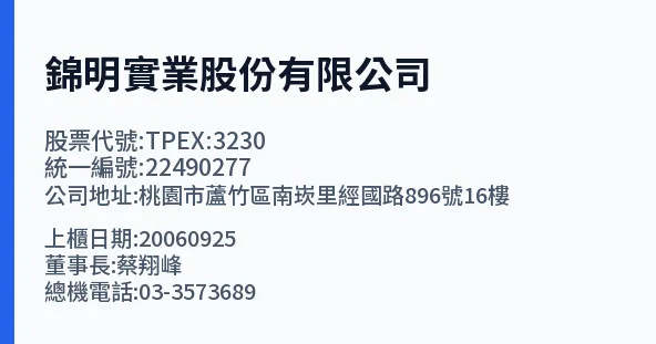 錦明實業股份有限公司 股票代號 TPEX:3230 統編 22490277 上櫃公司基本資料圖