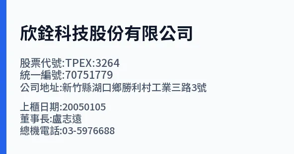 欣銓科技股份有限公司 股票代號 TPEX:3264 統編 70751779 上櫃公司基本資料圖