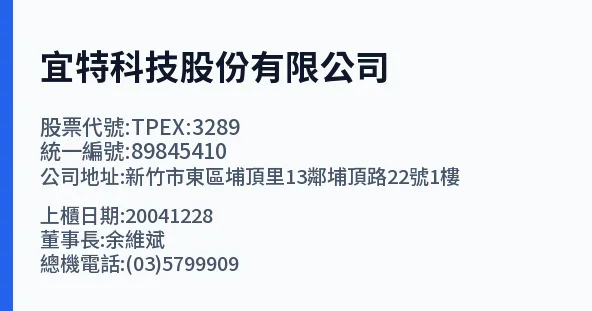宜特科技股份有限公司 股票代號 TPEX:3289 統編 89845410 上櫃公司基本資料圖