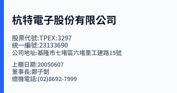 杭特電子股份有限公司 股票代號 TPEX:3297 統編 23133690 上櫃公司基本資料圖