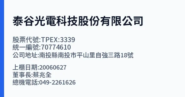 泰谷光電科技股份有限公司 股票代號 TPEX:3339 統編 70774610 上櫃公司基本資料圖