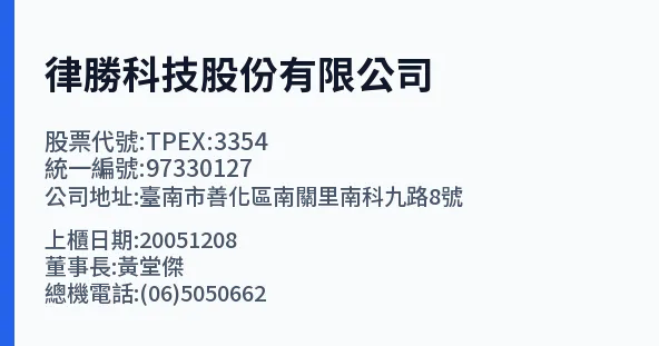 律勝科技股份有限公司 股票代號 TPEX:3354 統編 97330127 上櫃公司基本資料圖