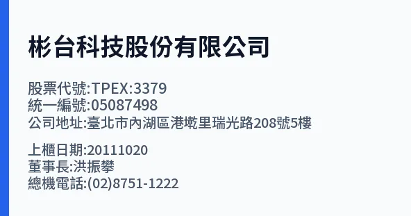彬台科技股份有限公司 股票代號 TPEX:3379 統編 05087498 上櫃公司基本資料圖