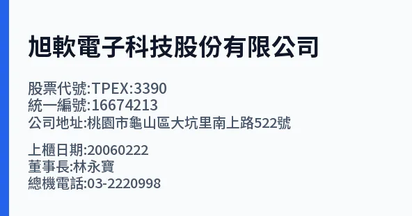 旭軟電子科技股份有限公司 股票代號 TPEX:3390 統編 16674213 上櫃公司基本資料圖