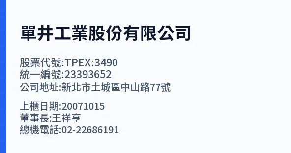 單井工業股份有限公司 股票代號 TPEX:3490 統編 23393652 上櫃公司基本資料圖