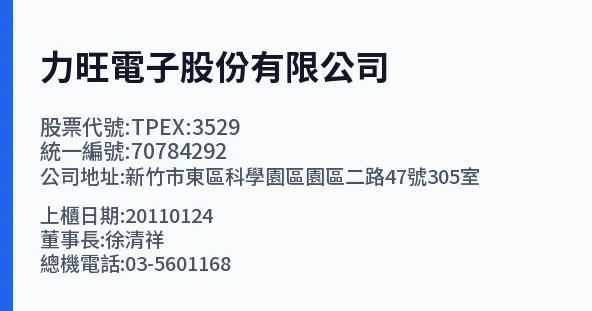 力旺電子股份有限公司 股票代號 TPEX:3529 統編 70784292 上櫃公司基本資料圖