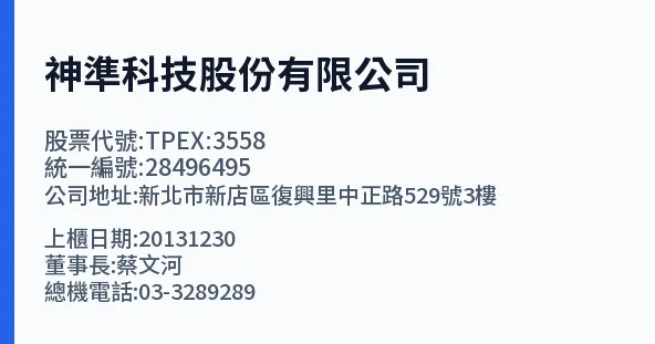 神準科技股份有限公司 股票代號 TPEX:3558 統編 28496495 上櫃公司基本資料圖