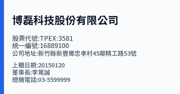 博磊科技股份有限公司 股票代號 TPEX:3581 統編 16889100 上櫃公司基本資料圖