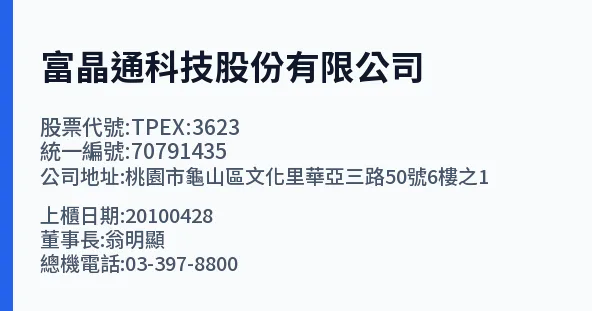 富晶通科技股份有限公司 股票代號 TPEX:3623 統編 70791435 上櫃公司基本資料圖