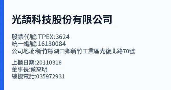 光頡科技股份有限公司 股票代號 TPEX:3624 統編 16130084 上櫃公司基本資料圖