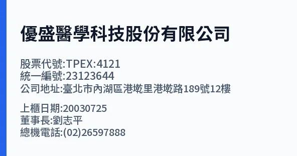 優盛醫學科技股份有限公司 股票代號 TPEX:4121 統編 23123644 上櫃公司基本資料圖