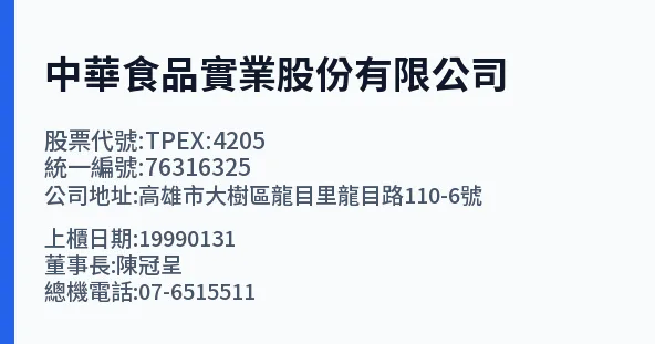 中華食品實業股份有限公司 股票代號 TPEX:4205 統編 76316325 上櫃公司基本資料圖