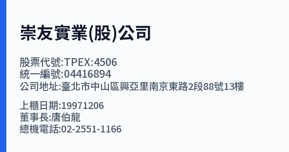 崇友實業(股)公司 股票代號 TPEX:4506 統編 04416894 上櫃公司基本資料圖