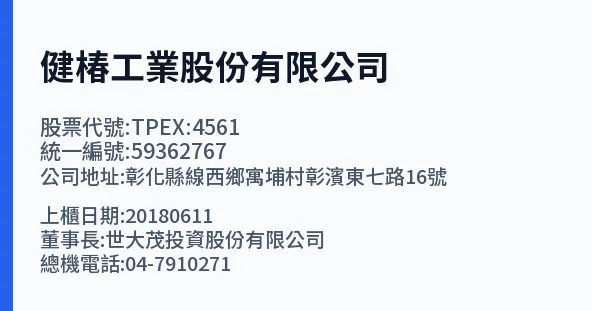 健椿工業股份有限公司 股票代號 TPEX:4561 統編 59362767 上櫃公司基本資料圖