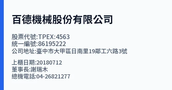 百德機械股份有限公司 股票代號 TPEX:4563 統編 86195222 上櫃公司基本資料圖