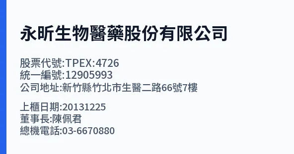 永昕生物醫藥股份有限公司 股票代號 TPEX:4726 統編 12905993 上櫃公司基本資料圖