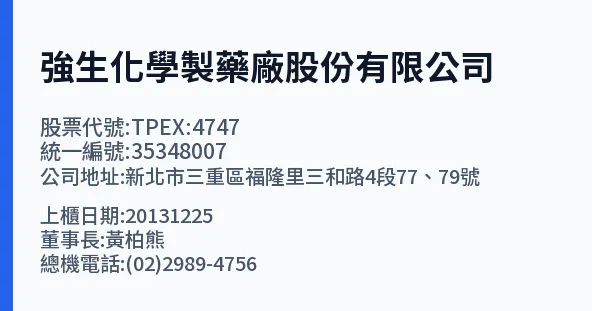 強生化學製藥廠股份有限公司 股票代號 TPEX:4747 統編 35348007 上櫃公司基本資料圖