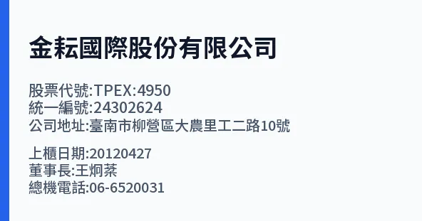 金耘國際股份有限公司 股票代號 TPEX:4950 統編 24302624 上櫃公司基本資料圖