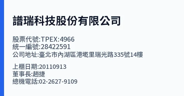譜瑞科技股份有限公司 股票代號 TPEX:4966 統編 28422591 上櫃公司基本資料圖