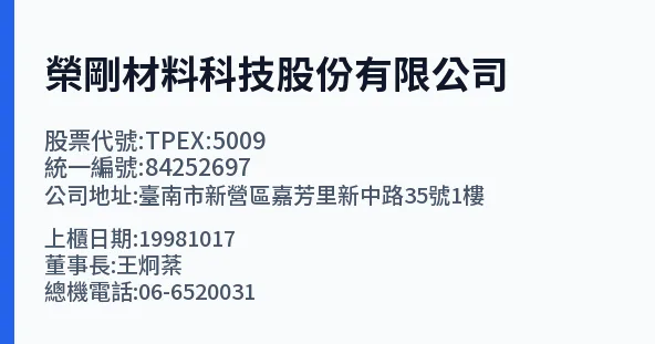 榮剛材料科技股份有限公司 股票代號 TPEX:5009 統編 84252697 上櫃公司基本資料圖