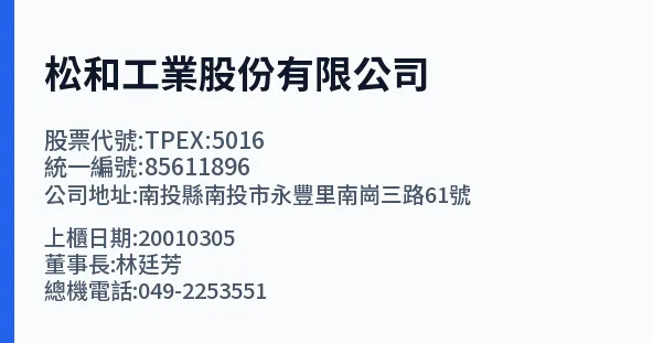 松和工業股份有限公司 股票代號 TPEX:5016 統編 85611896 上櫃公司基本資料圖