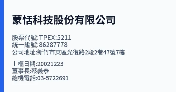 蒙恬科技股份有限公司 股票代號 TPEX:5211 統編 86287778 上櫃公司基本資料圖