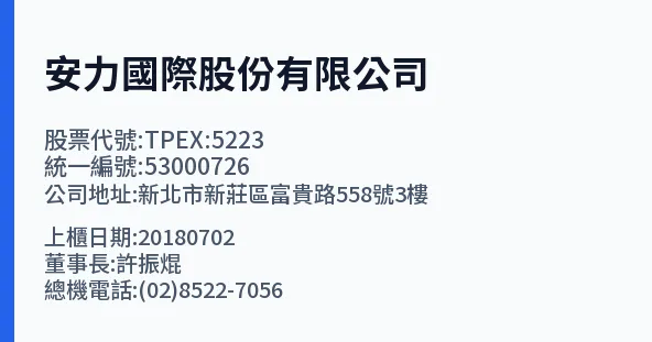 安力國際股份有限公司 股票代號 TPEX:5223 統編 53000726 上櫃公司基本資料圖