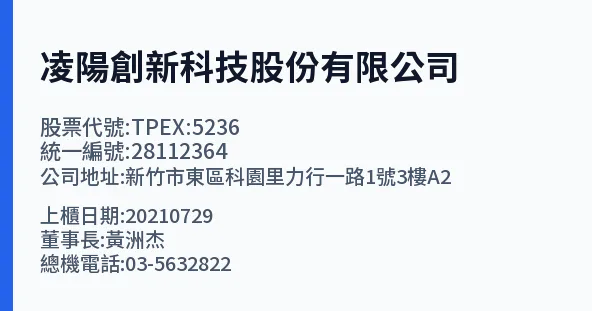 凌陽創新科技股份有限公司 股票代號 TPEX:5236 統編 28112364 上櫃公司基本資料圖