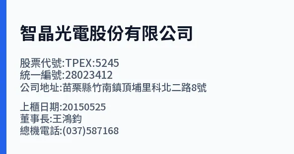智晶光電股份有限公司 股票代號 TPEX:5245 統編 28023412 上櫃公司基本資料圖
