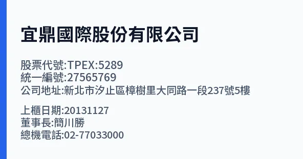 宜鼎國際股份有限公司 股票代號 TPEX:5289 統編 27565769 上櫃公司基本資料圖