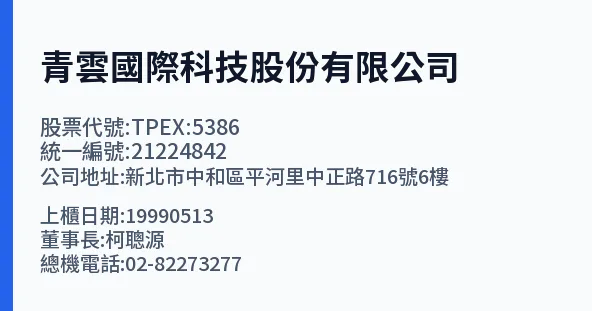 青雲國際科技股份有限公司 股票代號 TPEX:5386 統編 21224842 上櫃公司基本資料圖