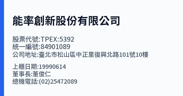能率創新股份有限公司 股票代號 TPEX:5392 統編 84901089 上櫃公司基本資料圖