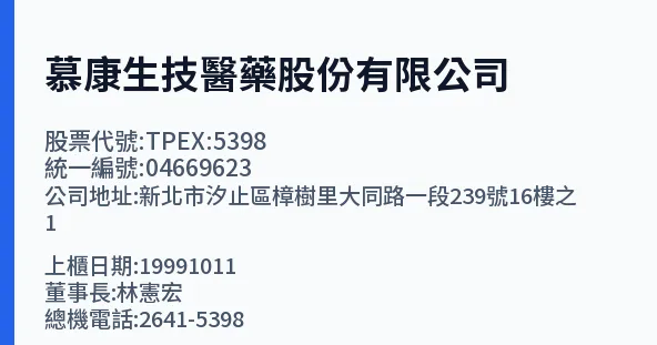 慕康生技醫藥股份有限公司 股票代號 TPEX:5398 統編 04669623 上櫃公司基本資料圖