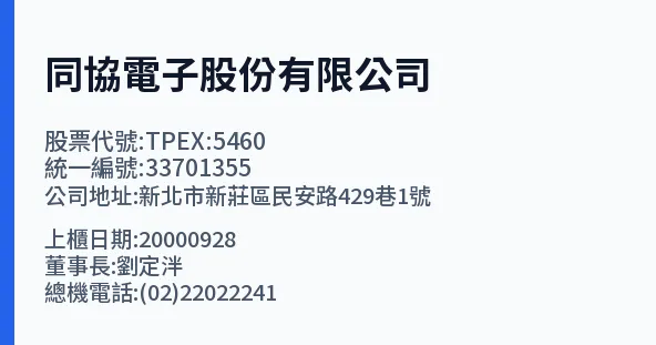 同協電子股份有限公司 股票代號 TPEX:5460 統編 33701355 上櫃公司基本資料圖