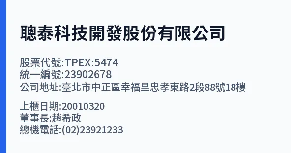 聰泰科技開發股份有限公司 股票代號 TPEX:5474 統編 23902678 上櫃公司基本資料圖