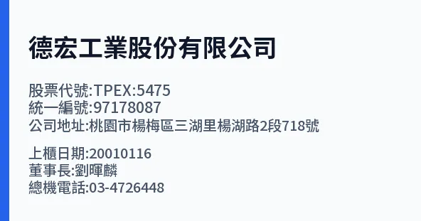德宏工業股份有限公司 股票代號 TPEX:5475 統編 97178087 上櫃公司基本資料圖