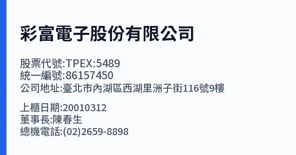 彩富電子股份有限公司 股票代號 TPEX:5489 統編 86157450 上櫃公司基本資料圖