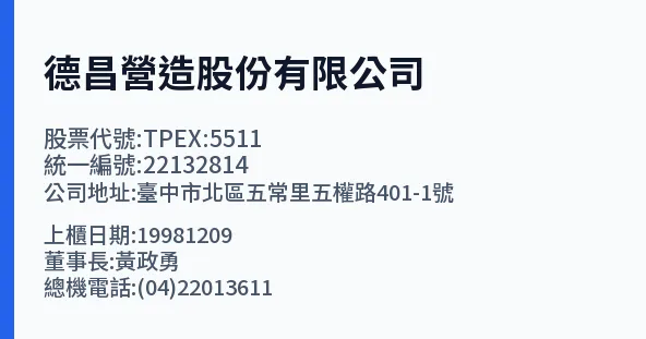 德昌營造股份有限公司 股票代號 TPEX:5511 統編 22132814 上櫃公司基本資料圖